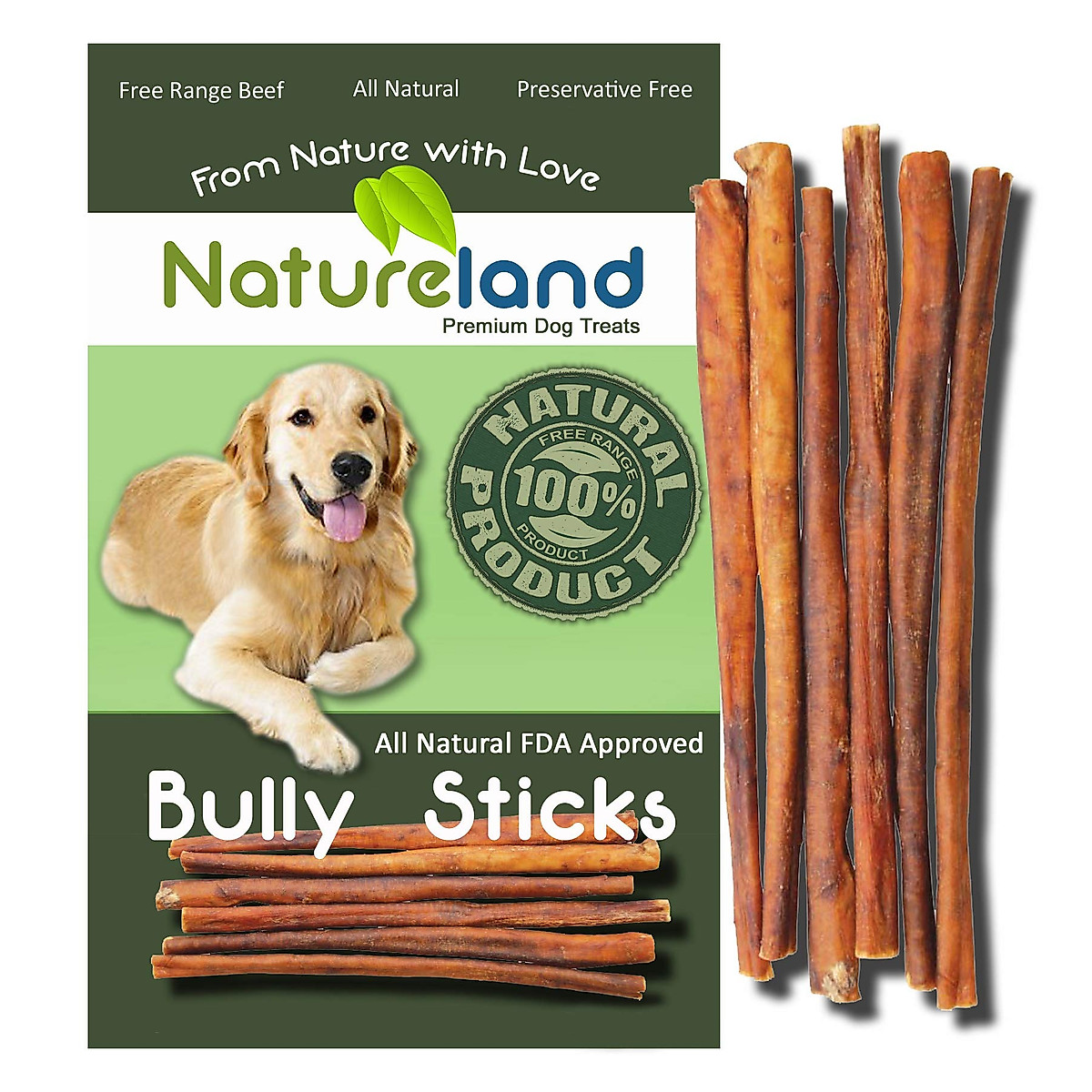 Natureland 12" Bully Sticks Thin - All-Natural, Free-Range, Grass-Fed, 100% Beef Dog Chews (12" Bully Sticks Thin - 20 Pack)