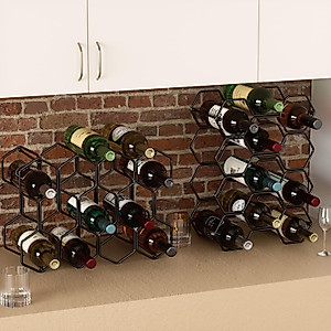 Buruis Countertop Wine Rack, 14-Bottle Modern Freestanding Metal Holder for Red and White Wine, Tabletop, Kitchen, Bar, and Cabinet Storage (Black)