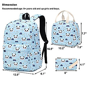 Mimfutu Panda School Backpack for Teen Girls, 3-in-1 Kids Backpack Bookbag Set School Bags with Lunch Box Pencil Case (Blue)