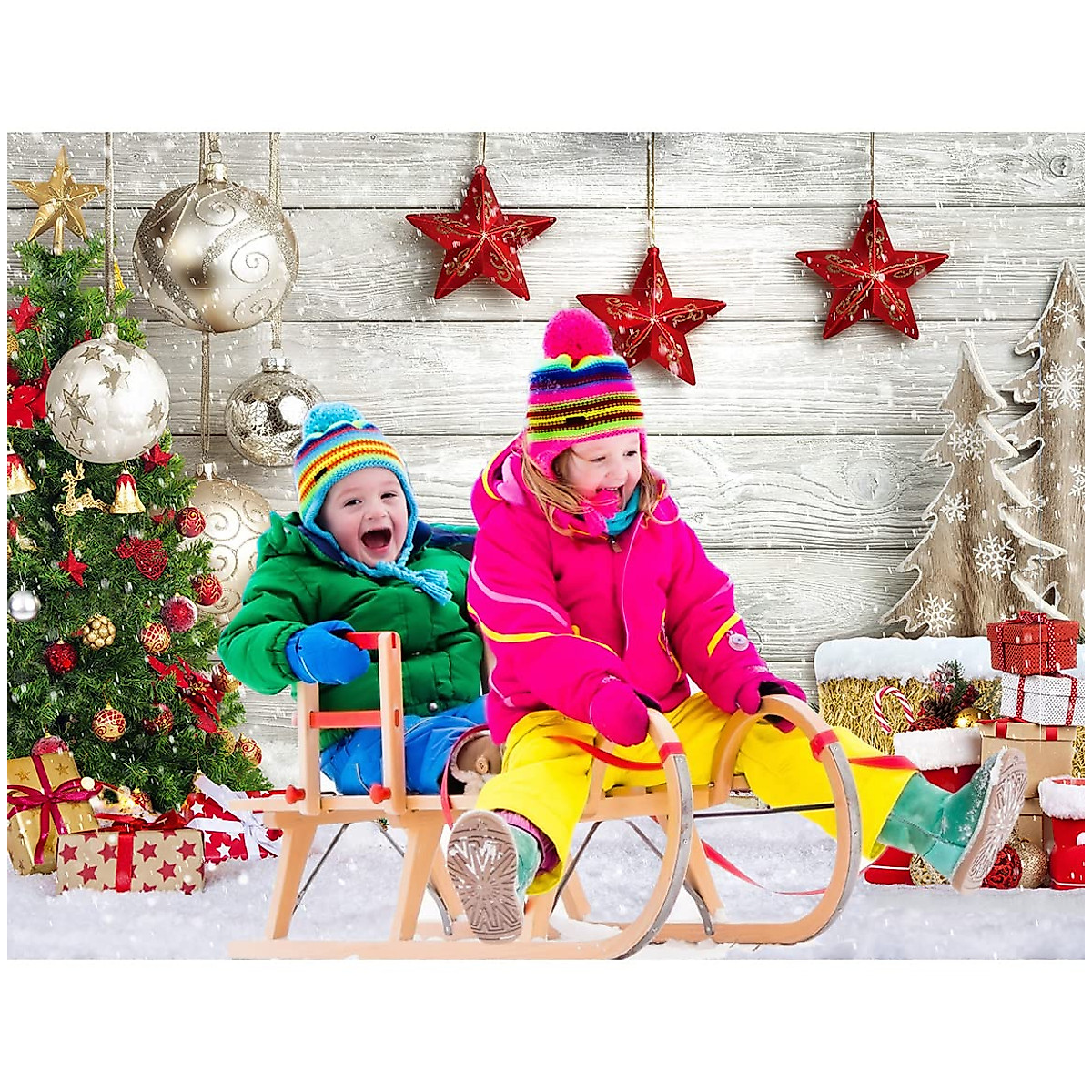 SJOLOON Christmas Backdrop White Wood Floor with Snowflake Backdrop Christmas Tree Gifts Background for Christmas Party Decoration Family Gathering 12392 (7x5FT)