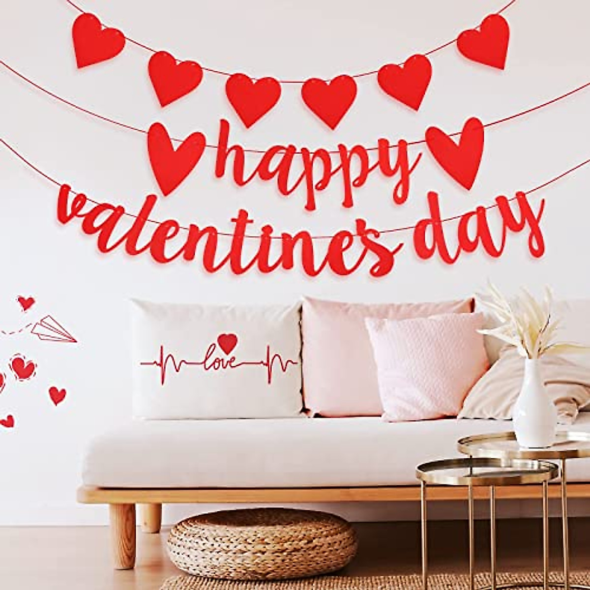 MOMOHOO Happy Valentines Day Banner - Valentine's Day Decor Red Glittery Heart Garland, Valentines Day Decorations Heart Banner Valentines Day Garland, Valentines Day Photo Prop for Mantel Room Décor