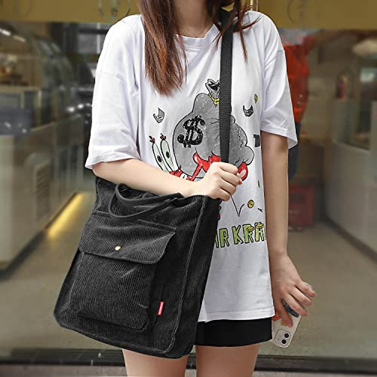 Etercycle Crossbody Bag for Women, Corduroy Tote Bag Casual Shoulder Handbags Big Capacity Shopping Bag with Zipper and Outer Pocket (Black)