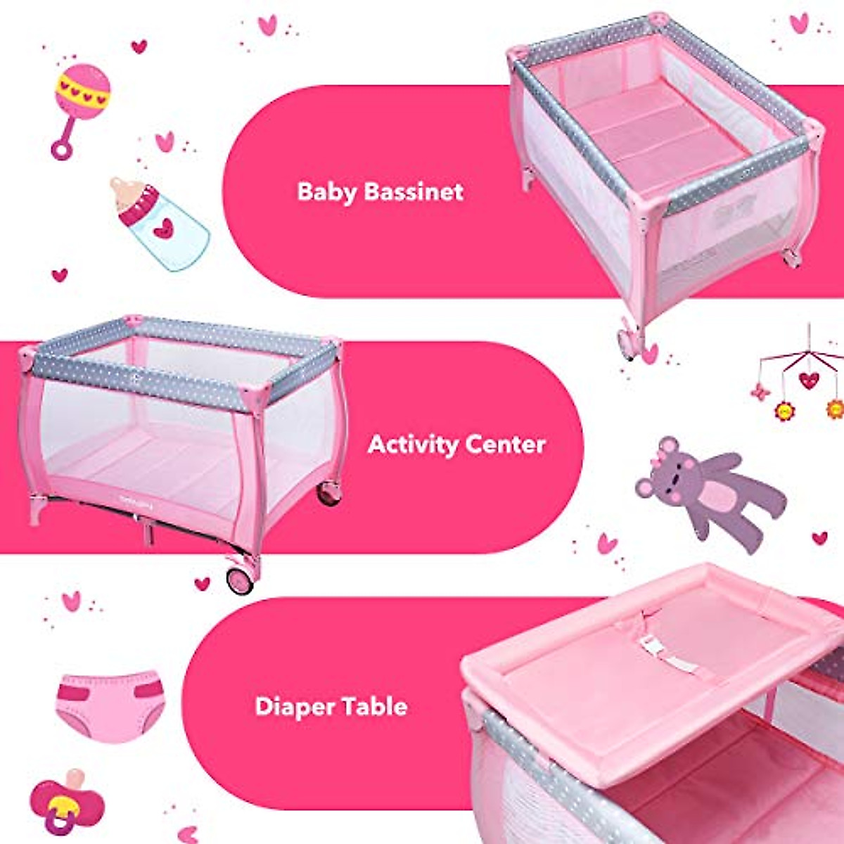 HONEY JOY Pack and Play with Bassinet, 3 in 1 Portable Baby Playard with Infant Full-Size Bassinet & Changing Table, Diaper Stacker, Foldable Play Yard Nursery Center w/Toy Bar, Oxford Bag (Pink)