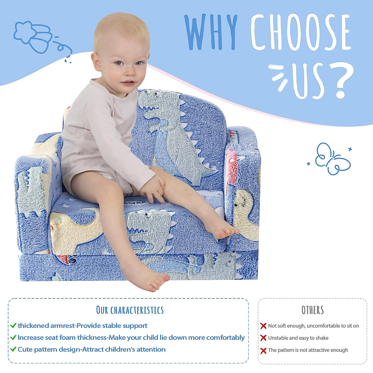 Thick Comfy Toddler Chair and Couch for Kids,2-in-1 Soft Plush Fold Out Sofa for Children,Convertible Couch to Lounger for Toddler