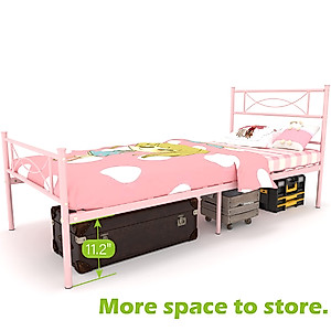 Pink Twin Bed Frame for Girls,Mattress Foundation Support with Headboard and Footboard No Box Spring Need Metal Platform Bed