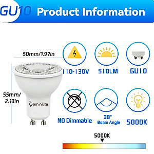 Geminilite GU10 LED Light Bulb 5000K Daylight White Spot Light 7W (50W Equivalent) Replacement 510LM Ceiling recessed Lighting, No Dimmable 38° Spotlight for Kitchen, Range Hood, 6 Pack