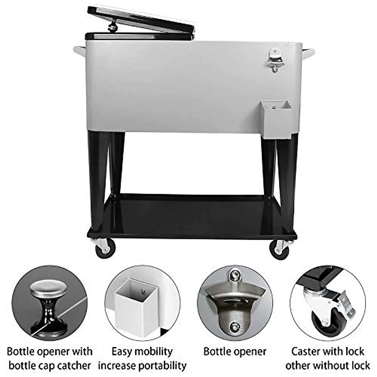 PetGirl Portable Rolling Cooler Ice Chest Cart Trolley for Outdoor Patio Deck Party Beer Cooler Cart Cover 80 Quart Rolling Cooler on Wheels Backyard Party Drink Beverage Bar Bottle Opener