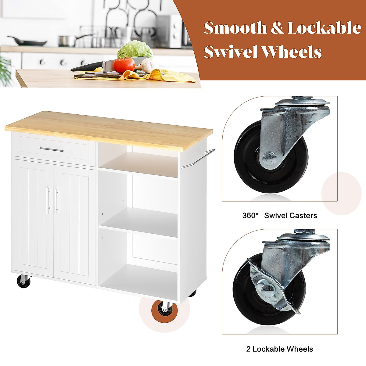 JY QAQA 42" Kitchen Island on Wheels with Storage Cabinet Kitchen Cart Cabinet with Shelves, Cart Handle for Towel Rack or Free Mobility, Portable Islands for Kitchen