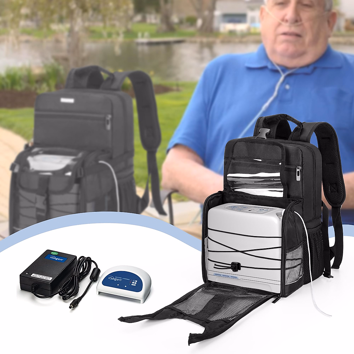 CURMIO Travel Backpack Compatible with Inogen, OxyGo and Caire Units, Portable Oxygen Concentrator Bag with Storage Compartment, Black (Bag Only, Patent Pending)