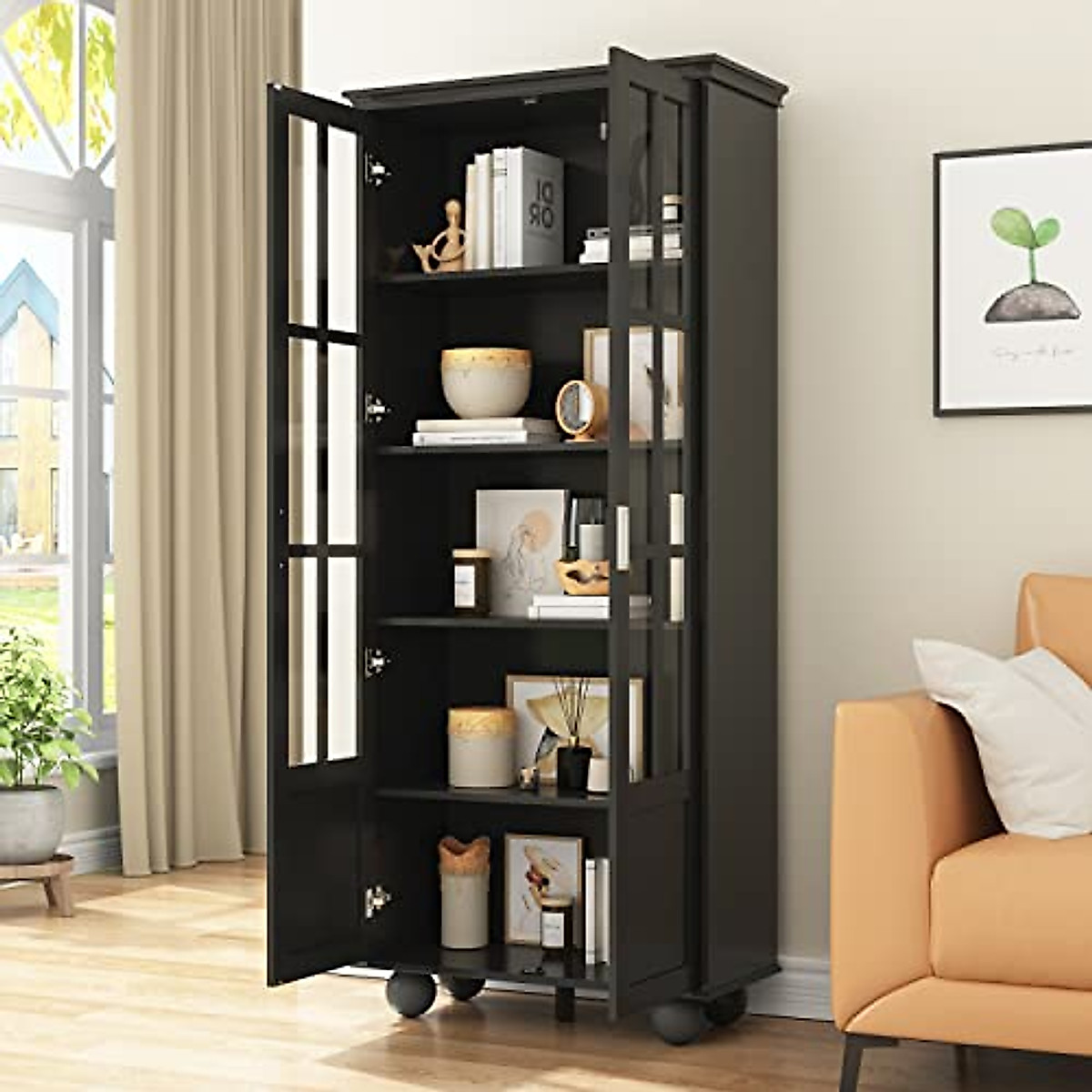 ECACAD 5-Tier Tall Bookcase Storage Cabinet with 2 Acrylic Doors & Shelves, Wooden Bookshelf Display Cabinet for Living Room, Office, Black (31.5”L x 14”W x 72.3”H)