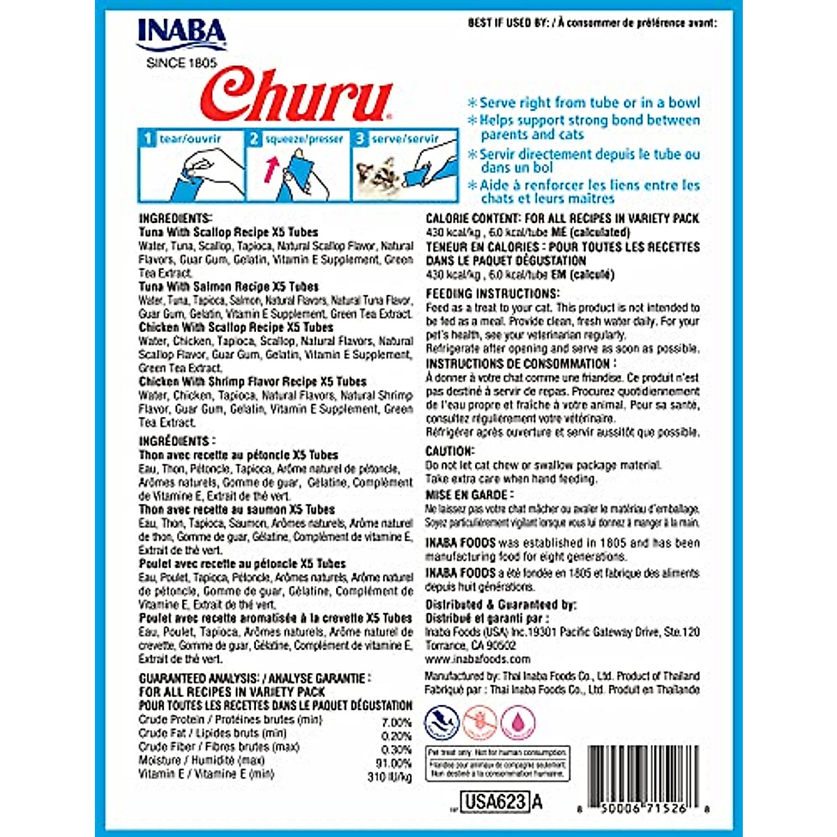 INABA Churu Cat Treats, Grain-Free, Lickable, Squeezable Creamy Purée Cat Treat/Topper with Vitamin E & Taurine, 0.5 Ounces Each Tube, 20 Tubes, Seafood Variety
