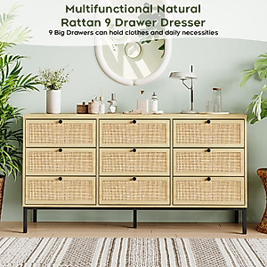 Yechen Natural Rattan 9 Drawer Dresser, 59" Wide Light Wood Chest of Drawers, Large Boho Oak Dressers with Smooth Metal Slides, Mid-century Dresser TV Stand Drawer Organizer for Bedroom Nursery Closet