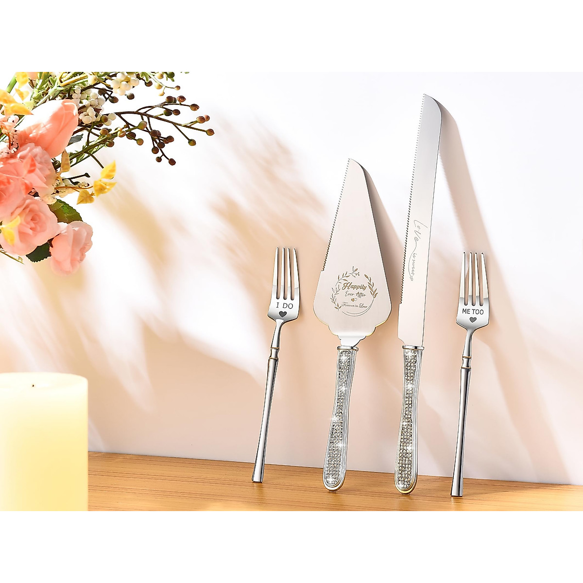 ROXBURGH Cake Cutting Set for Wedding, Wedding Cake Knife and Server set, Forks and Cutter Pie Spatula Rhinestones Studded Handle Birthday Anniversary Christmas of 4 (Silver)