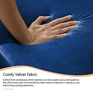 Harper & Bright Designs Velvet Upholstered Three-Seater Sofa, 82.3'' Wide Blue Velvet 3-Seat Sofa with Jeweled Buttons, Square Arm, Two Pillows Included for Living Room, Office