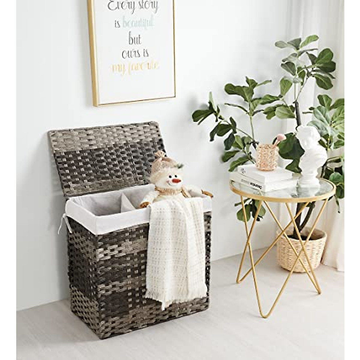 Caozichun Laundry Hamper, 110L Divided Laundry Basket with Removable Liner Bag, Handwoven Synthetic Rattan Clothes Hamper with Lid and Handles, Foldable, 22 x 13 x 24 Inches, Gray