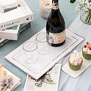 SUT 12 Pack White Plastic Serving Trays with Rose Gold Rim, 13 X 8 inch Rectangle Food Trays, Disposable platters Cookie Serving Trays, Rose Gold Serving Tray Wedding and Disposable Trays for Parties