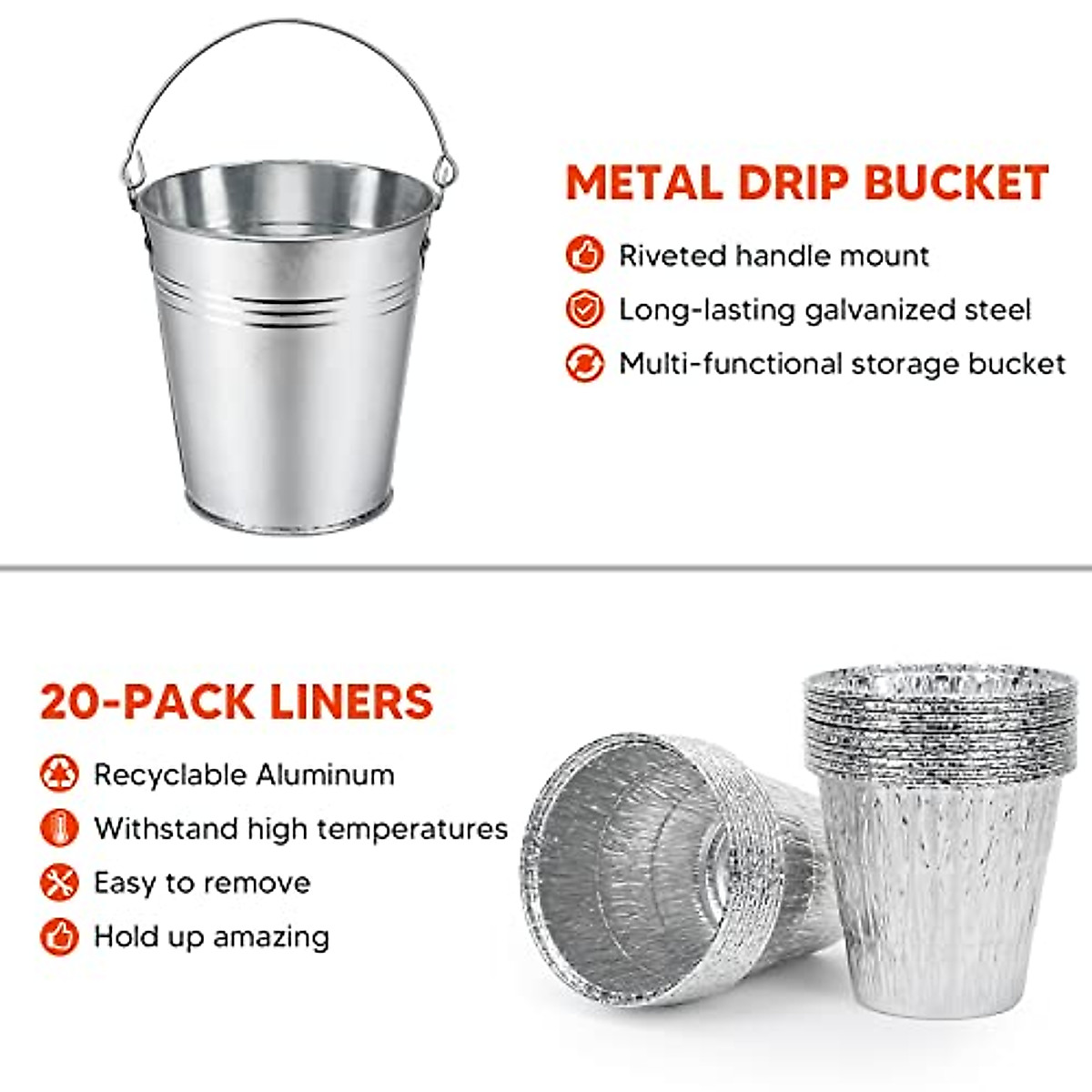 Stanbroil Drip Bucket Replacement for Traeger Grill, Sturdy Steel Grease Bucket Including 20-Pack Disposable Liners, Fit for Traeger, Pit Boss, Camp Chef, Louisiana