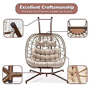 BULEXYARD Double Swing Egg Chair with Stand for Bedroom, Outdoor 2 Person Large Wicker Hanging Chair Oversized Twins Patio Loveseat