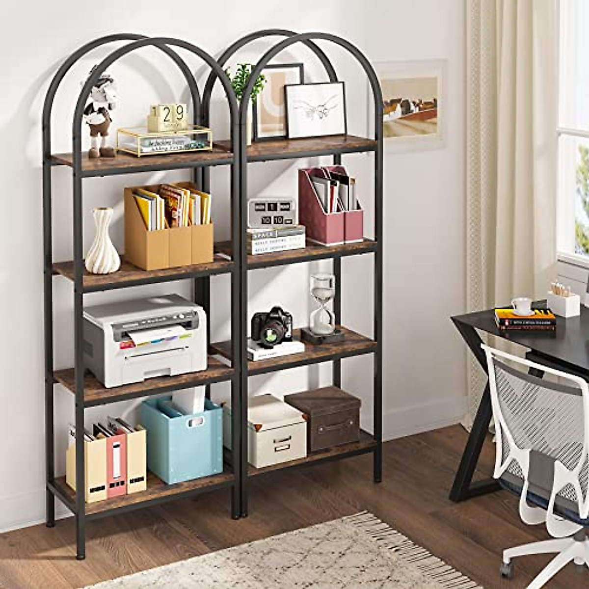 LITTLE TREE 4-Tier Arched Bookshelf, Tall Open Bookcase Storage Shelves, Wood Metal Freestanding Display Rack Tall Shelving Unit for Home Office, Bedroom, Living Room, Rustic Brown