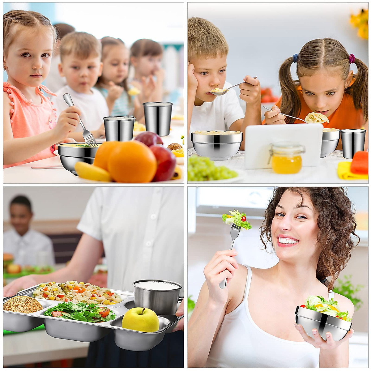 20 Pcs Stainless Steel Dinnerware Set, Including Stainless Steel Rectangular Divided Dinner Tray Spoons and Forks Set Silver Stainless Steel Cups and Stainless Steel Bowl for Home Kitchen Restaurant