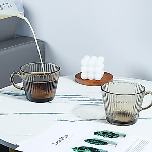 Joeyan Glass Coffee Mugs Cappuccino Latte Cups Tea Cup,Amber Aesthetic Mug for Espresso Demitasse,Wide Mouth Ribbed Drinking Glasses for Milk Cereal Ice Cream Yogurt,13.5 oz,Set of 2,Dishwasher Safe