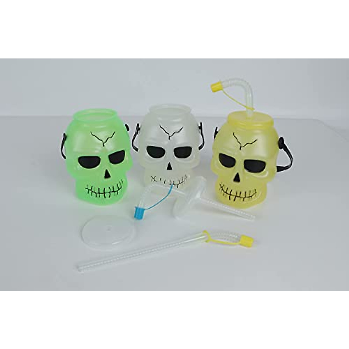 KEPATO Halloween Skull Cup Skull Tumblers,Drinking Jars with lids and straws,Includes three colors of green, white and yellow Skull Travel Mug(3pcs，3.5inch x5inch) Halloween party supplies decoration