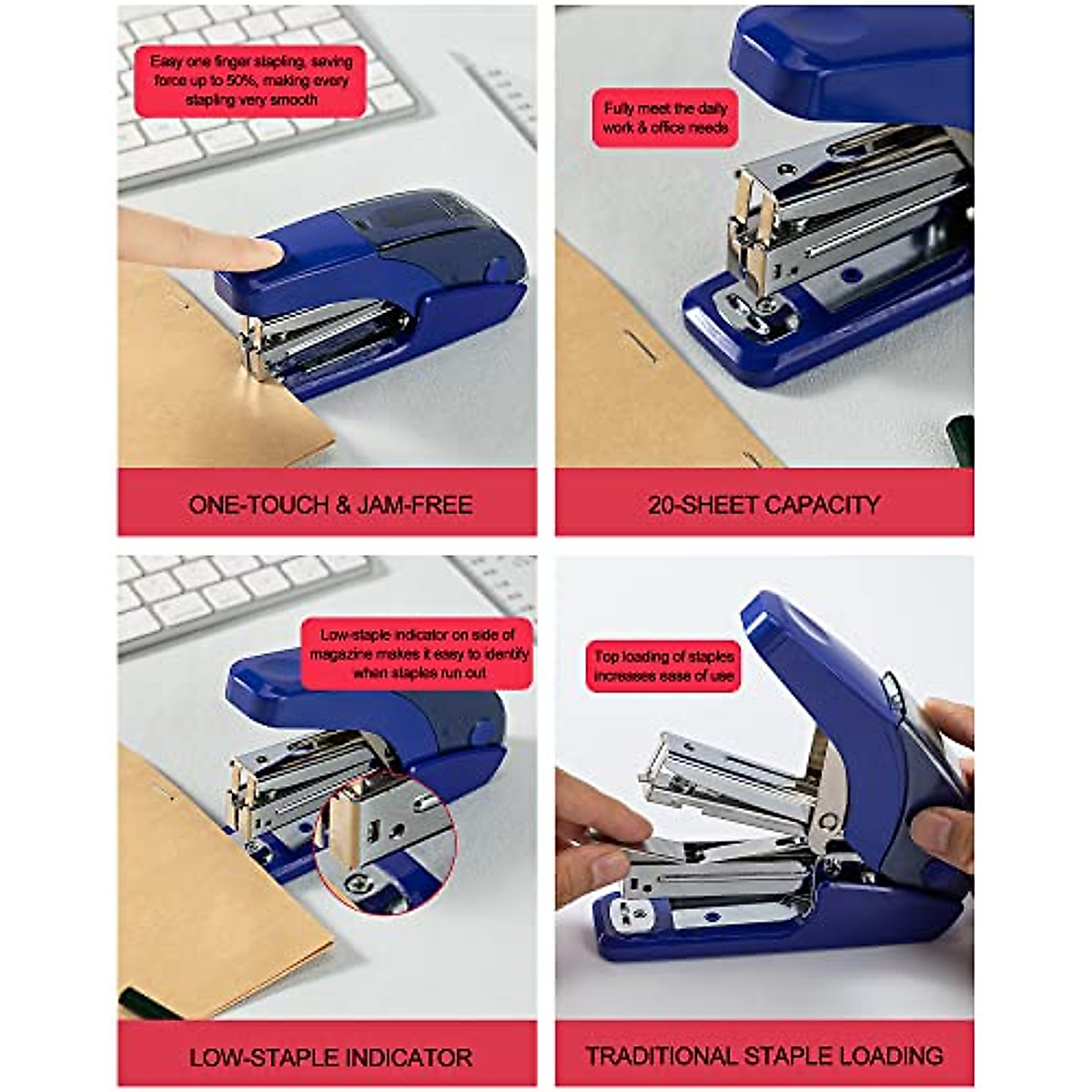 PAPERPAL Effortless Standard Stapler Set, 20 Sheet Capacity, Half Strip, Built-in Staples Storage, Holds 1/4" Staples, Includes 1000 Staples and A Staple Remover, Office, School & Daily Use, Dark Blue