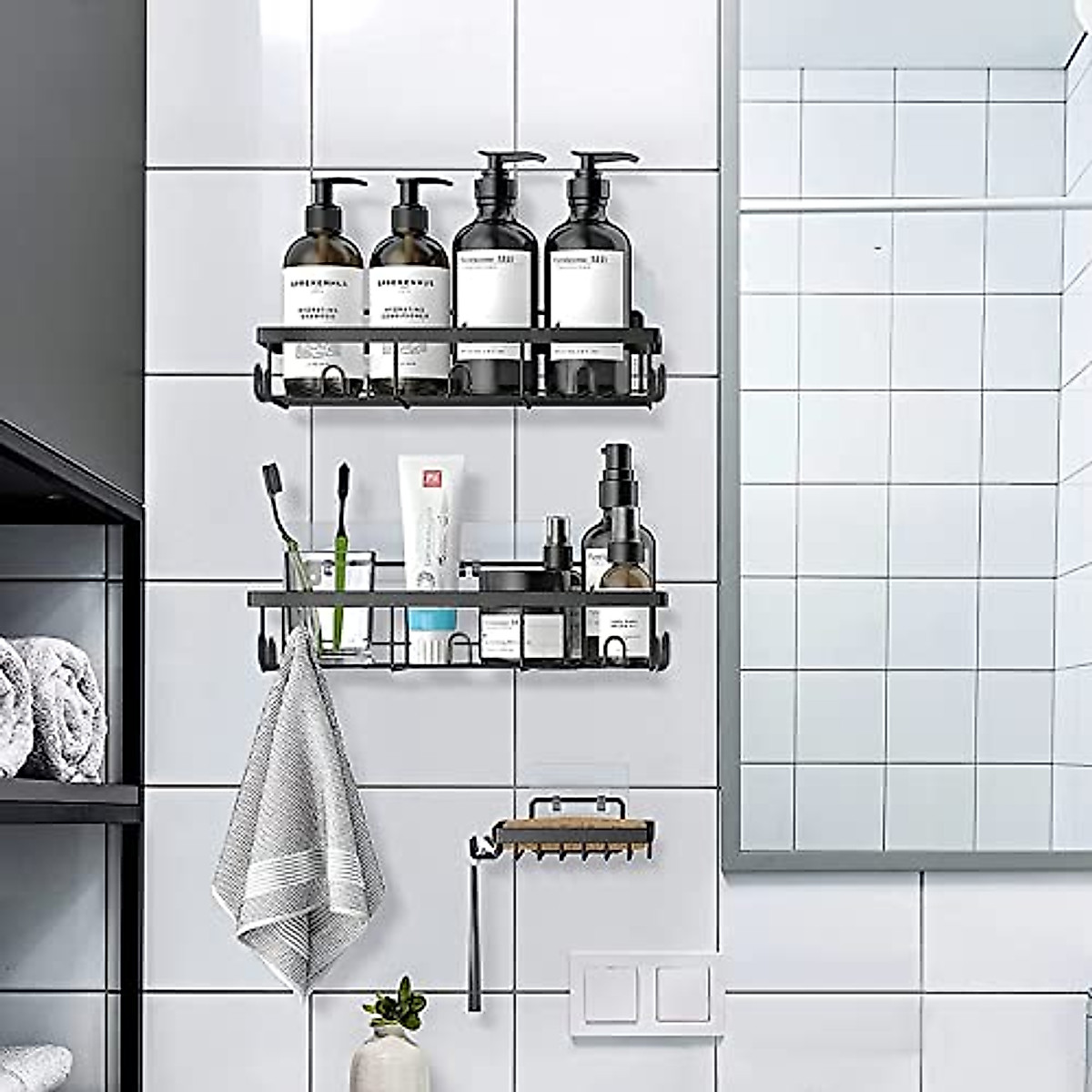 Woseito 3-Pack Shower Caddy, Adhesives Bathroom Organizers With Soap Dish Holder， No Drilling Shower Shelf, Stainless Steel Shower Rack With Hooks, Mounted for Bathroom & Toilet Table (Matte Black)