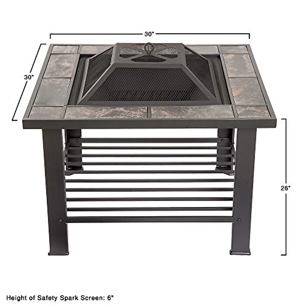 Fire Pit Set, Wood Burning Pit - Includes Screen, Cover and Log Poker - Great for Outdoor and Patio, 30 inch Square Marble Tile Firepit by Pure Garden, Black