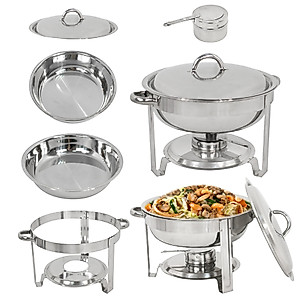 F2C 4 Pack of Stainless Steel Round Chafing Dish Buffet Set Chafer Warmer Set with Trays Pan Lid Folding Frame Stand for Kitchen Party Banquet Dining,5 Quart Full Size