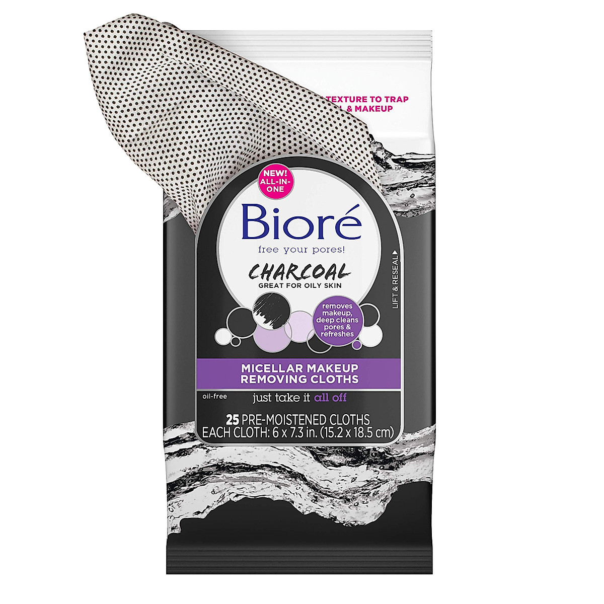Bioré Charcoal Makeup Removing Cloths, with Micellar Cleansing Water, No-rinse Makeup and Oil Removal, for Oily Skin, 25 Count