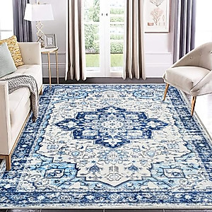 GlowSol Washable Area Rug 9x12 Boho Floral Non-Slip Rugs Vintage Low Pile Carpet Medallion Rugs for Living Room Bedroom Dining Room Office,9x12