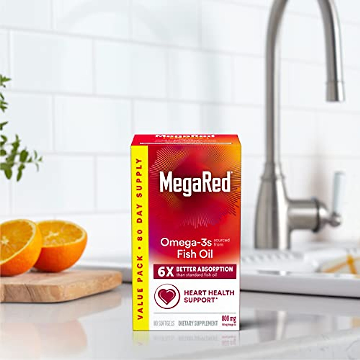 MegaRed Omega 3 Fish Oil Supplement 800mg (per Serving), Advanced 6X Absorption EPA & DHA Omega 3 Fatty Acid Softgels (80cnt Box), Phopholipids, Supports Brain Eye Joint & Heart Health