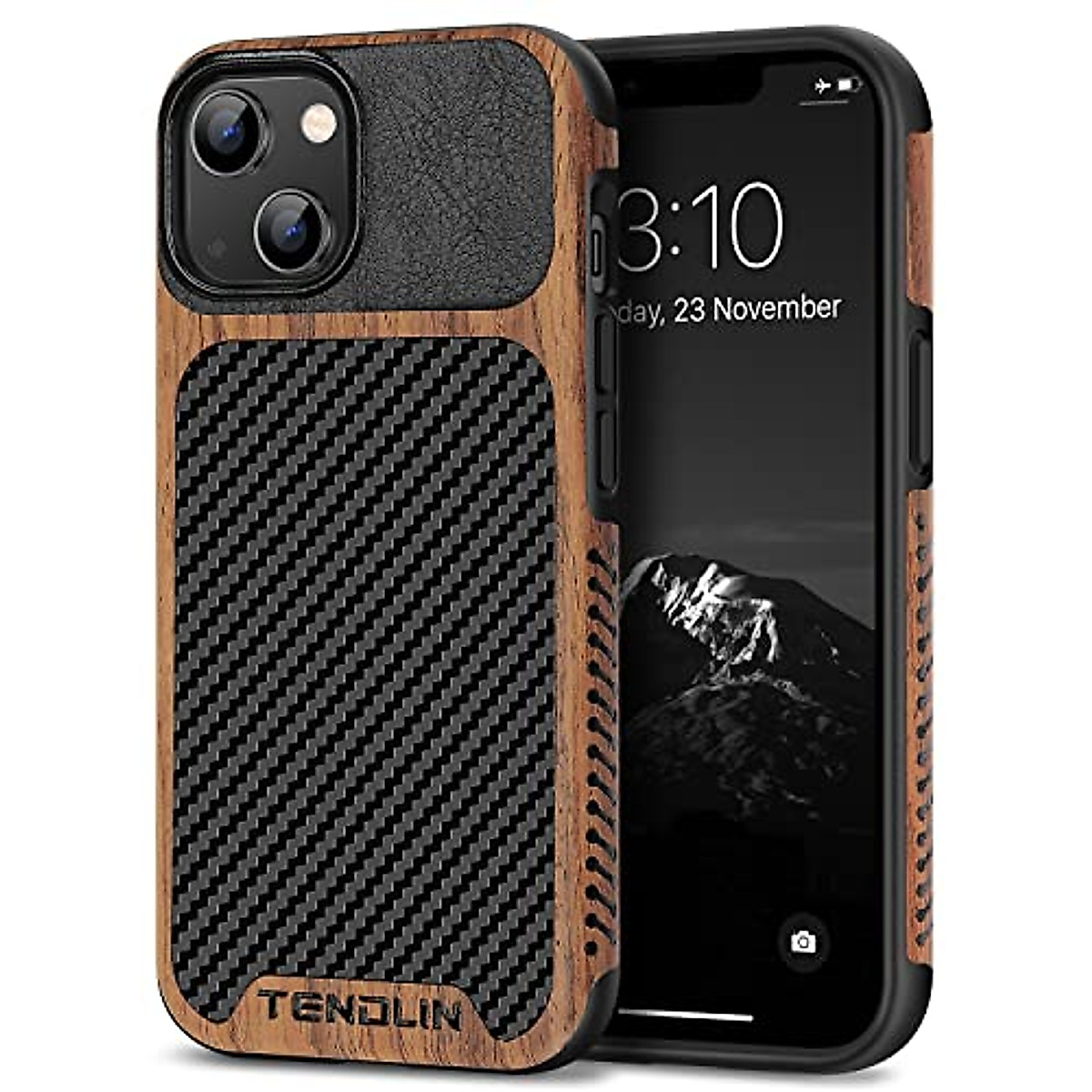 TENDLIN Compatible with iPhone 14 Case Wood Grain with Carbon Fiber Texture Design Leather Hybrid Slim Case Black