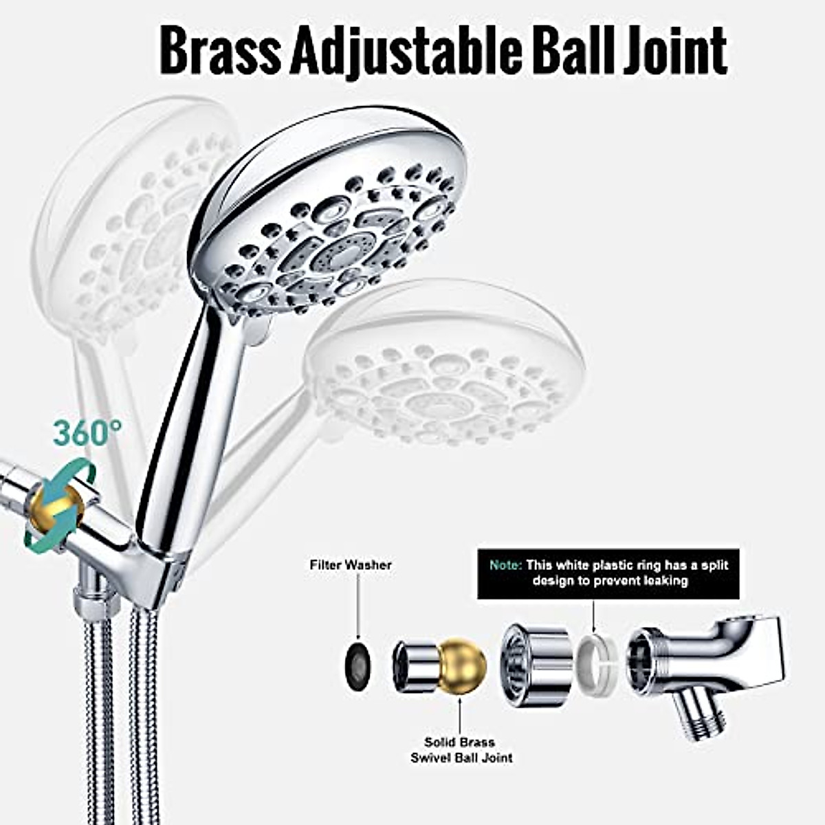 Shower Head, SR SUN RISE 6-Settings 5" High Pressure Handheld Shower Head Set with 2.45 Meter/96 Inch/ 8 FT Long Shower Hose and Shower Arm Mount with Brass Ball Joint,Chrome