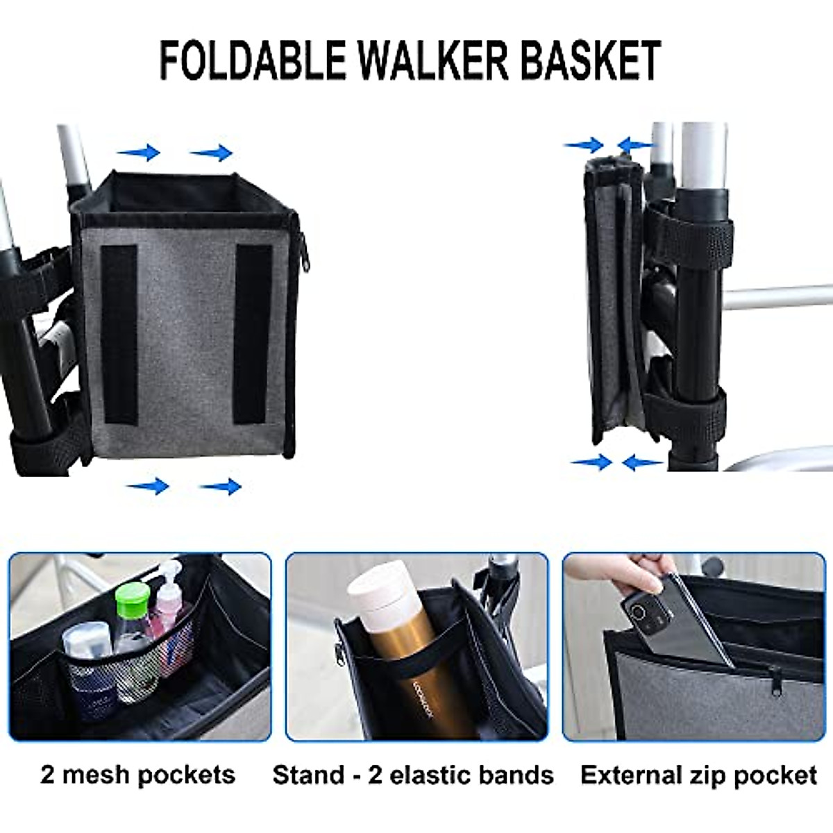 MDSTOP Walker Basket, Walker Bag Water Cup Holder, Foldable Walker Attachment Hands-Free Storage Bag for Elderly, Senior, Large Capacity with Zippered Phone Pocket (Not Fit Rollator Walkers) (Grey)