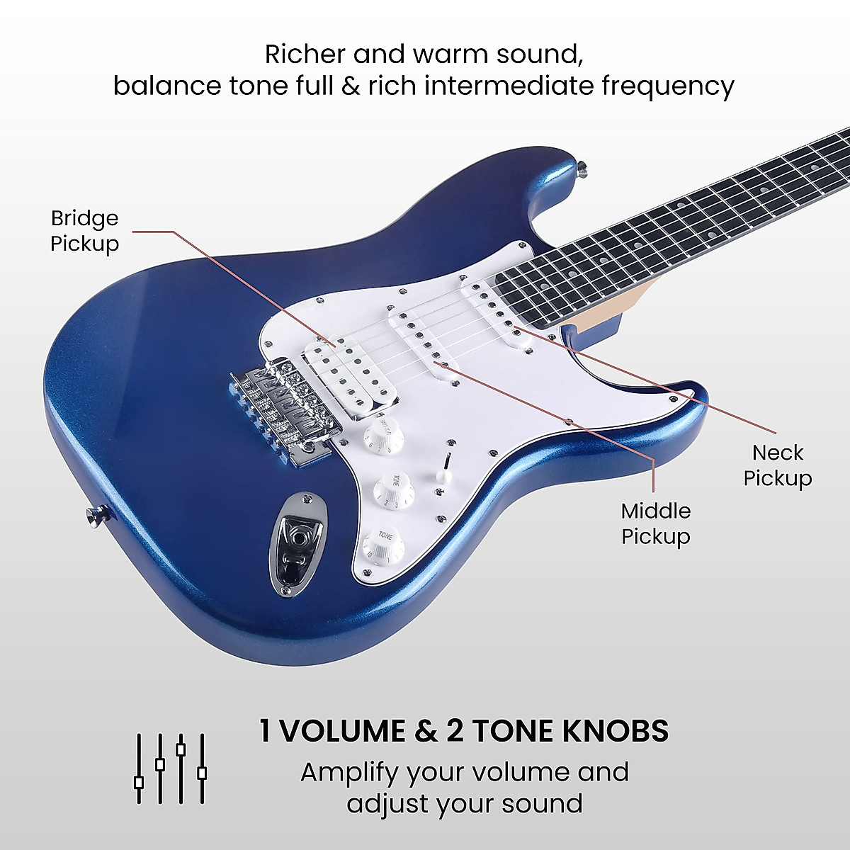 ADM Electric Guitar Beginner Kit 39 Inch Full Size Guitar Package with Amplifier, Bag, Strap, String, Tuner, Cable and Picks, Blue