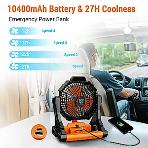 Dr. Prepare Portable Fan for Tent Camping, Rechargeable Battery Operated Fan with LED Lantern& Hanging Hook, 4 Speeds Outdoor Floor Fan, 270° Head Rotation, 10400mAh USB Desk Fan for Fishing, Travel