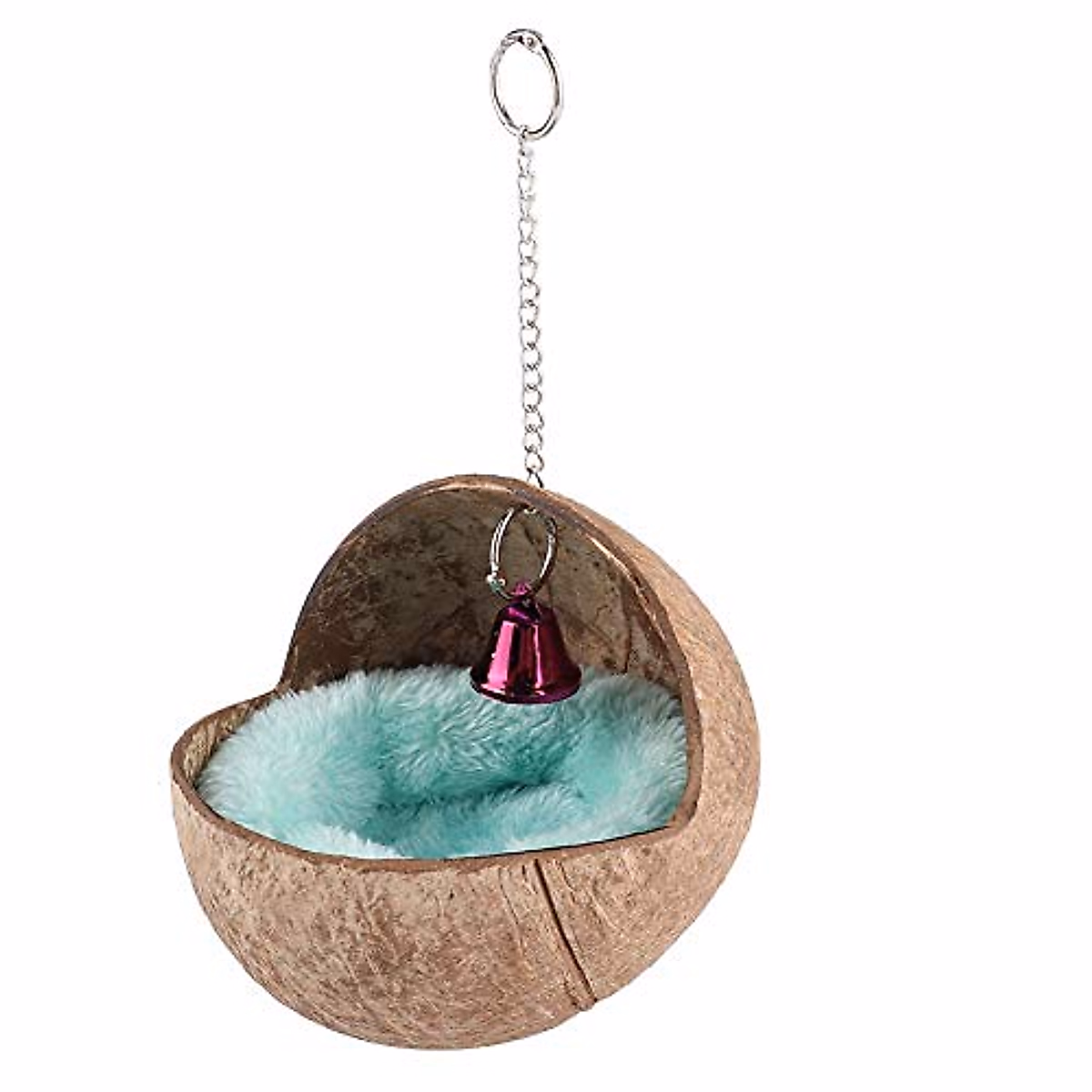 Hanging Bird House Cage Toy Natural Coconut Shell Birds Nest Hut Breeding Nesting Bird Aviary Cage Box Anti-Pecking Bite with Warm Pad and Bell for Parrots Canary Budgie Cockatiel Finch Sparrows