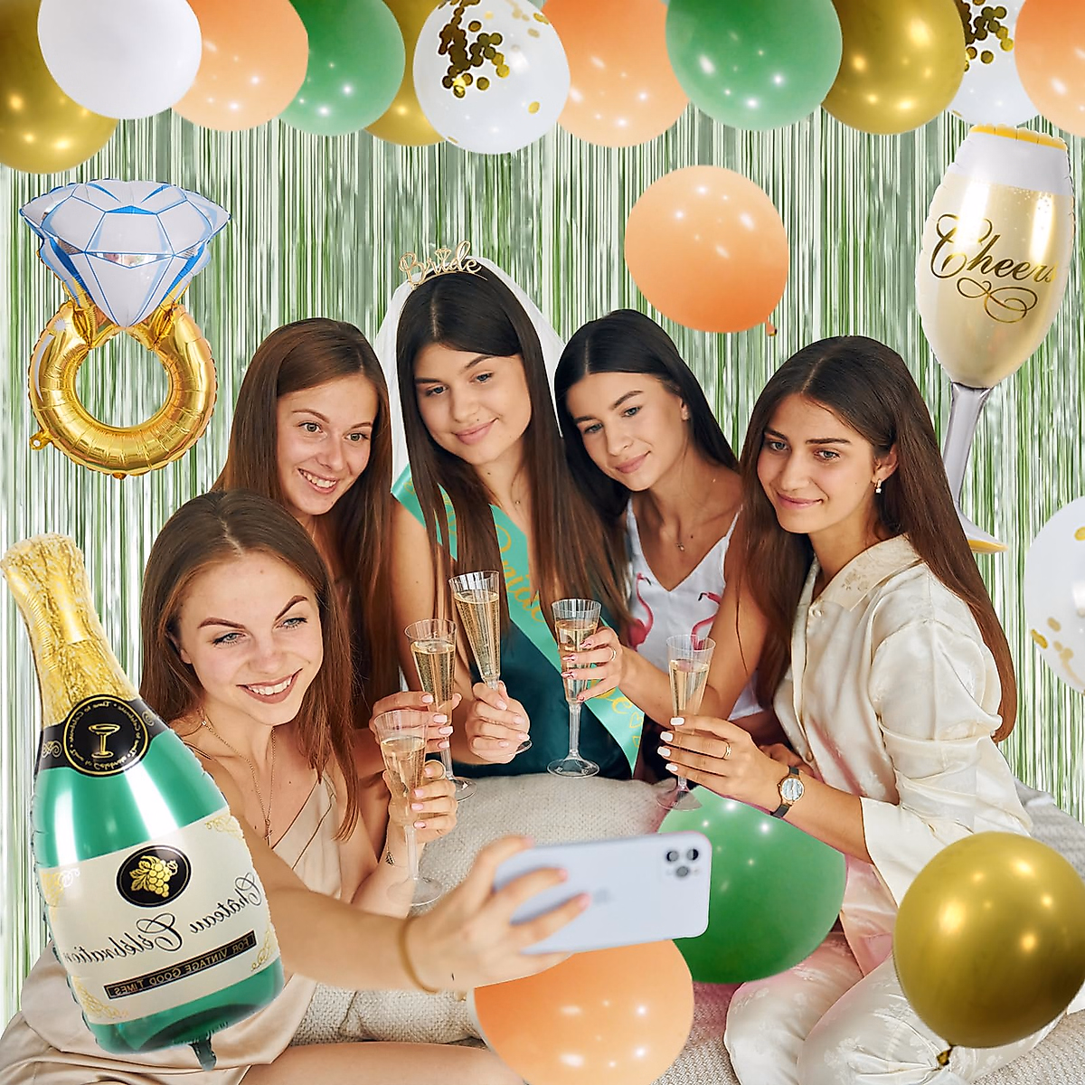 Vlipoeasn 33PCS Bachelorette Party Decorations - Green Bride to Be Party Decoration Kit, Bride to Be Sash, Crown, Veil, Foil Curtains, Champagne Bottle Goblet Balloons, Bridal Shower Party Supplies