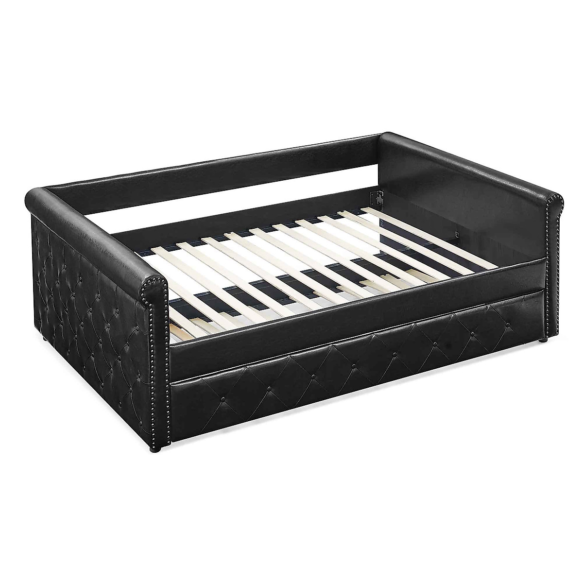 ATY Full Size Daybed with Twin Trundle, Upholstered Sofa Bed Design w/Button Tufted & Copper Nail, Perfect for Bedroom, Guestroom, Living Room, No Spring Box Needed, Black