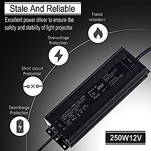 LED Driver 250W 12V, Waterproof IP67 LED Transformer,LED Power Supply 110V AC to 12V DC Low Voltage Output with 3-Prong Plug 3.3 Feet Cable for LED Light, Computer Project, Outdoor Light