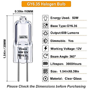 Vinaco GY6.35 Halogen Bulb 12V 50W, 10 Pack GY6.35 Bulb with GY6.35 Bi-pin Base, Dimmable GY6.35 Halogen Light Bulbs 12 Volt 50 Watt 2800K Warm White, T4 GY6.35 12V 50W for Pendant Light, Table Lamp
