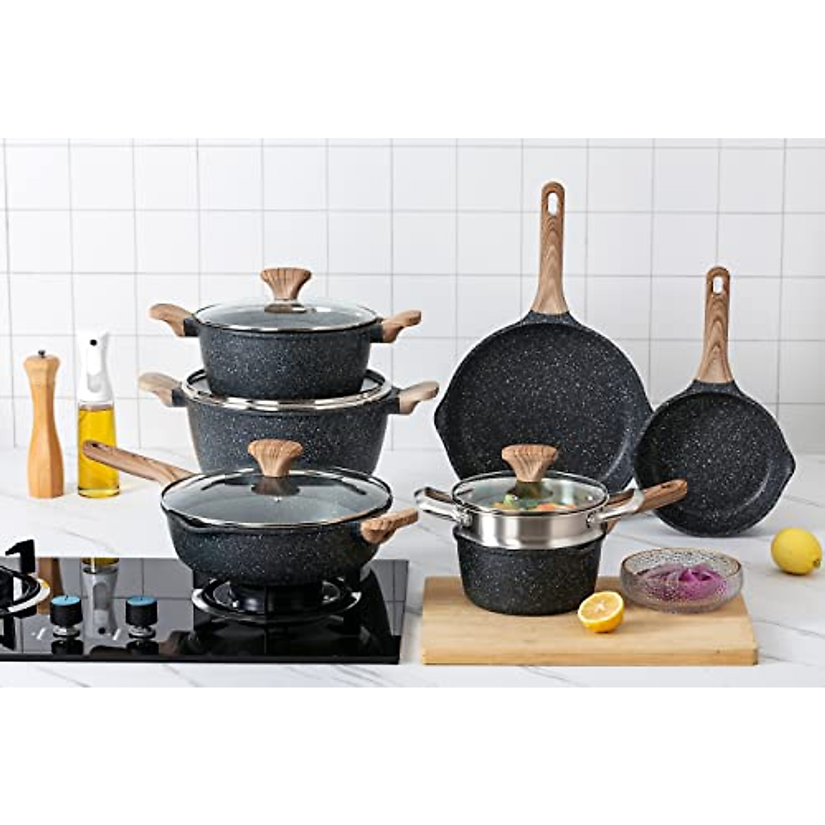 Country Kitchen Nonstick Induction Cookware Sets - 11 Piece Cast Aluminum Pots and Pans with BAKELITE Handles with Glass Lids - Grey