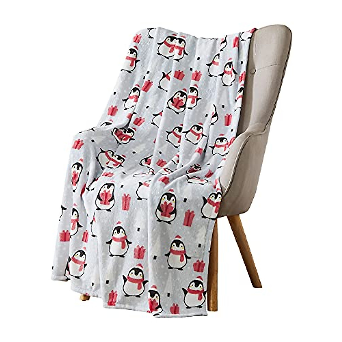 Holiday Christmas Throw Blanket: Soft Cute Winter Penguins with Presents Snuggle Accent for Sofa Couch Chair Bed or Dorm