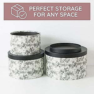 Soul & Lane Floral Hat Round Boxes with Lids - Set of 3: Nesting Cardboard Hat Storage, Large Black Print Hat Cases, Round Decorative Keepsake Boxes, Stacking Paper Mache Craft Boxes