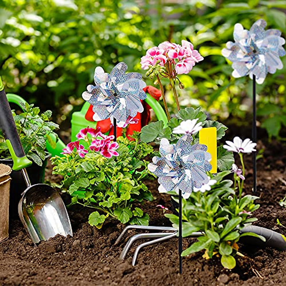 10 Pack Reflective Pinwheels with Plastic Stakes| 19.7 inch Pre-Assembled Sparkle Pin Wheel Set | Scare Off Birds and Animals Away | Decorative for Garden, Yard, Lawn