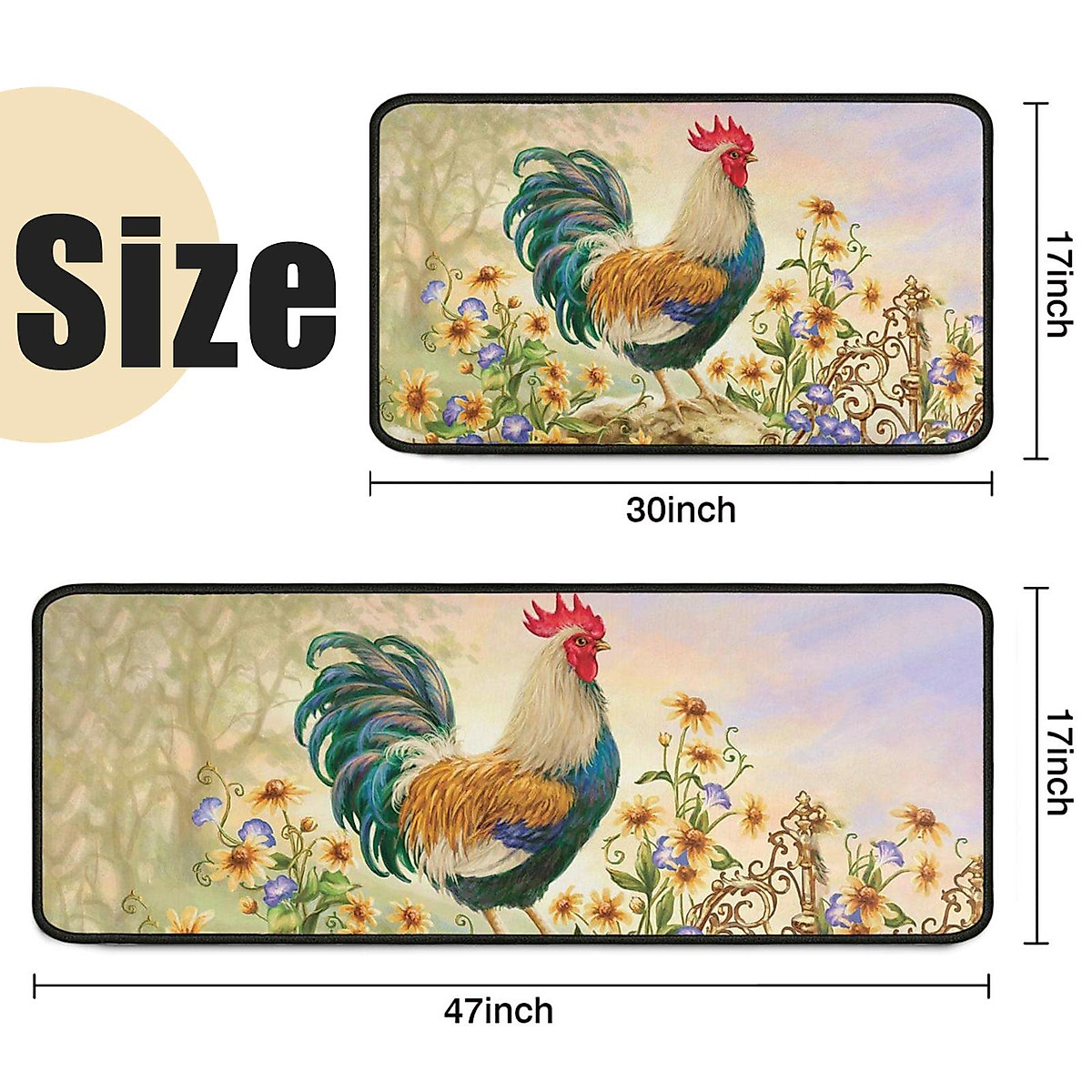 2Pcs Rooster Farmhouse Theme Rugs for Kitchen Floor 2 Pieces Farmhouse Style Kitchen Mats for Kitchen Decor Non Slip Washable Standing Kitchen Runner Mats 17"x30"+17"x47"