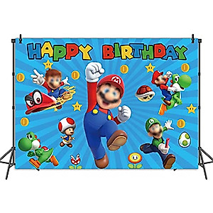 Super Brother Gold Coin Video Game Backdrop Cartoon Mushroom Turtle Happy Birthday Party Backdrop Background Baby Shower Supplies Cake Table Decoration Banner Photo Booth Props 7X5FT