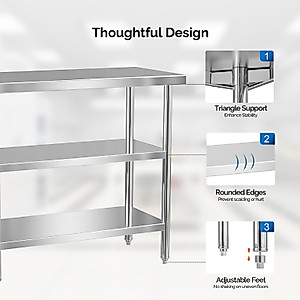 ROVSUN Stainless Steel Table with 2 Shelves 36 X 18 Inch, NSF Commercial Heavy Duty Prep & Work Table, Metal Utility Table for Kitchen, Restaurant, Home, Hotel, Garage